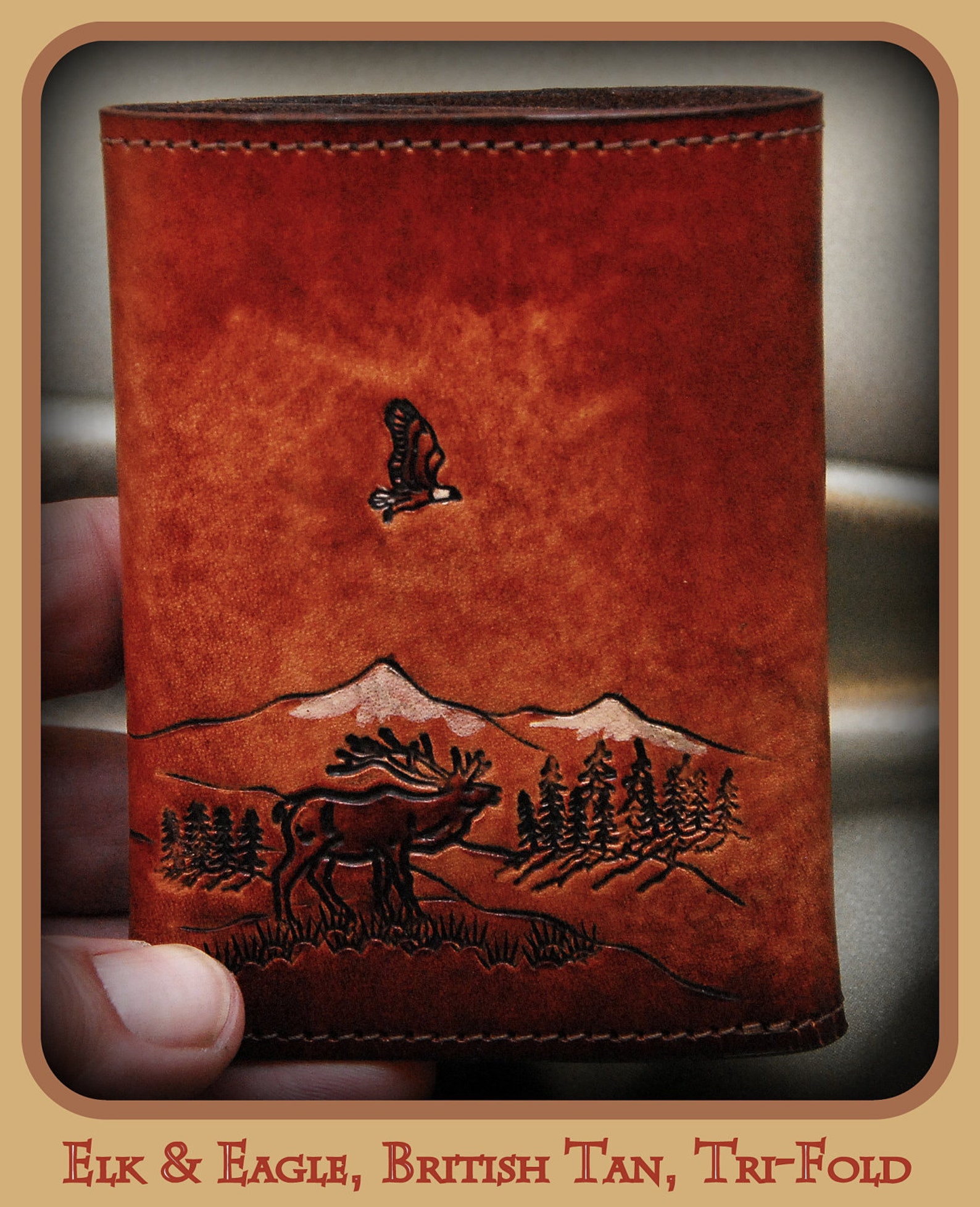 Leather Tri-fold Wallet Eagle Elk Wolf Deer Handmade Will | Etsy