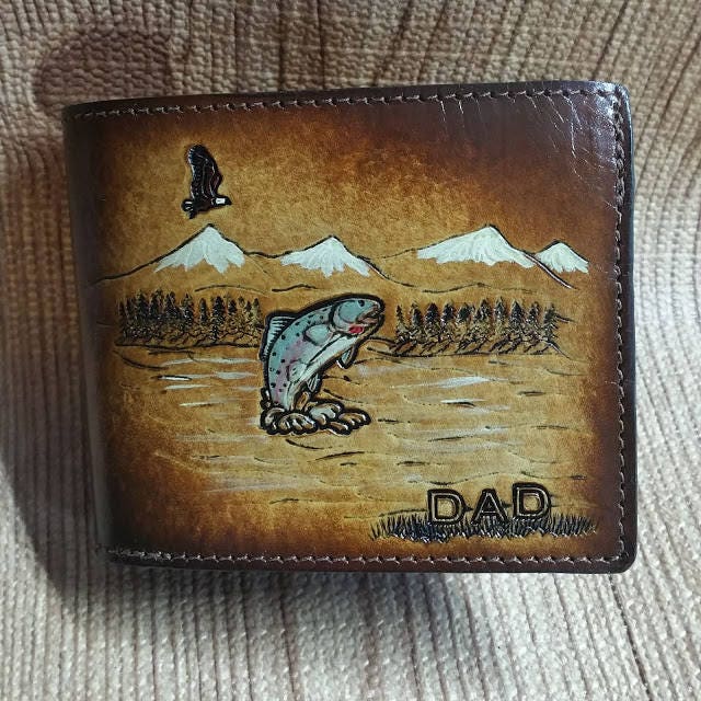 Mens Personalized Leather fishing Wallet Hand made Real Leather Bi-Fold ...