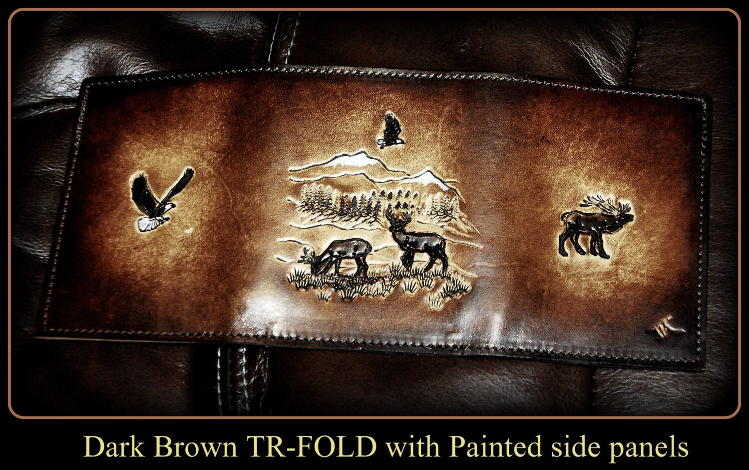 Brown Leather Wallet Men's Tri Fold with Deer Elk and Eagle, 7 pocket ...