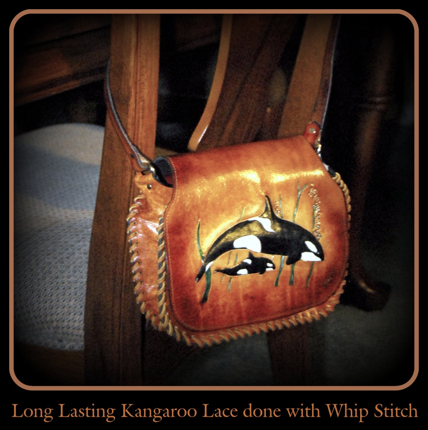 Leather Purse handmade with Orca whale and baby with seaweed, about 9 X ...