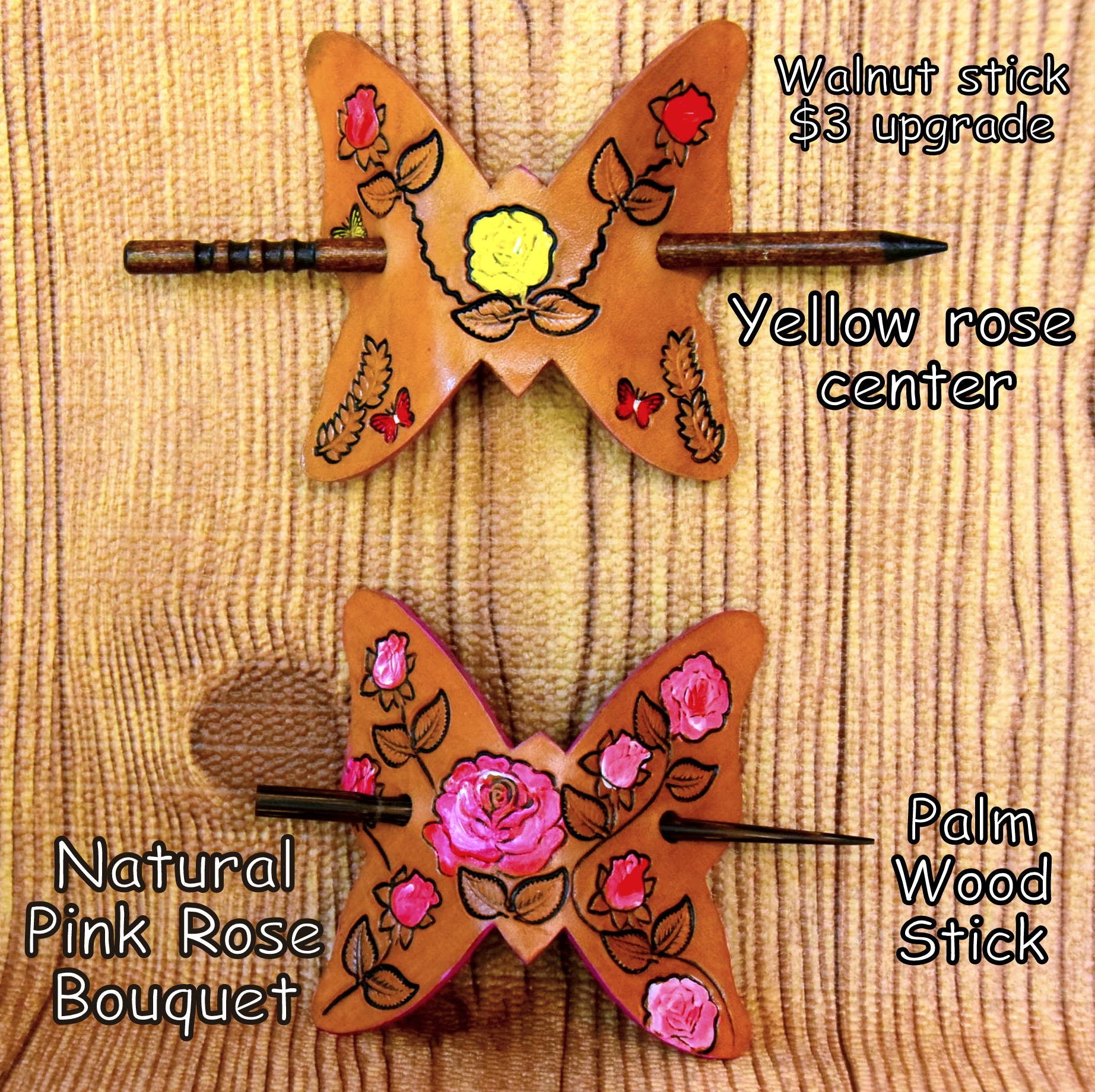 Leather Butterfly hair Barrette with Yellow or pink roses, upscale ...