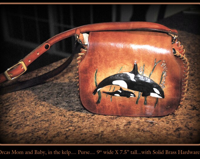 Leather Purse Handmade With Orca Whale and Baby With Seaweed, About 9 ...