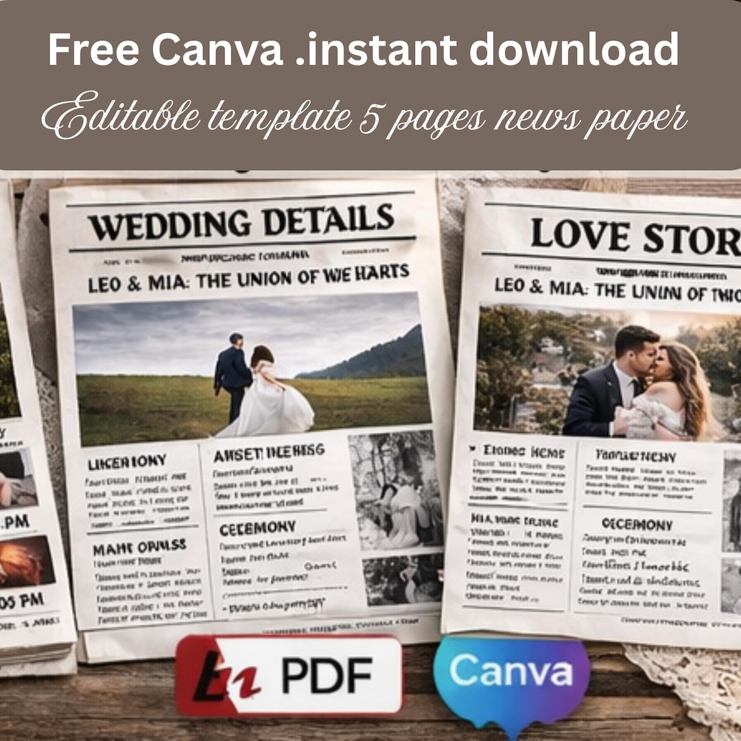 Editable Wedding Newspaper Template, Canva Wedding Gazette, Printable ...