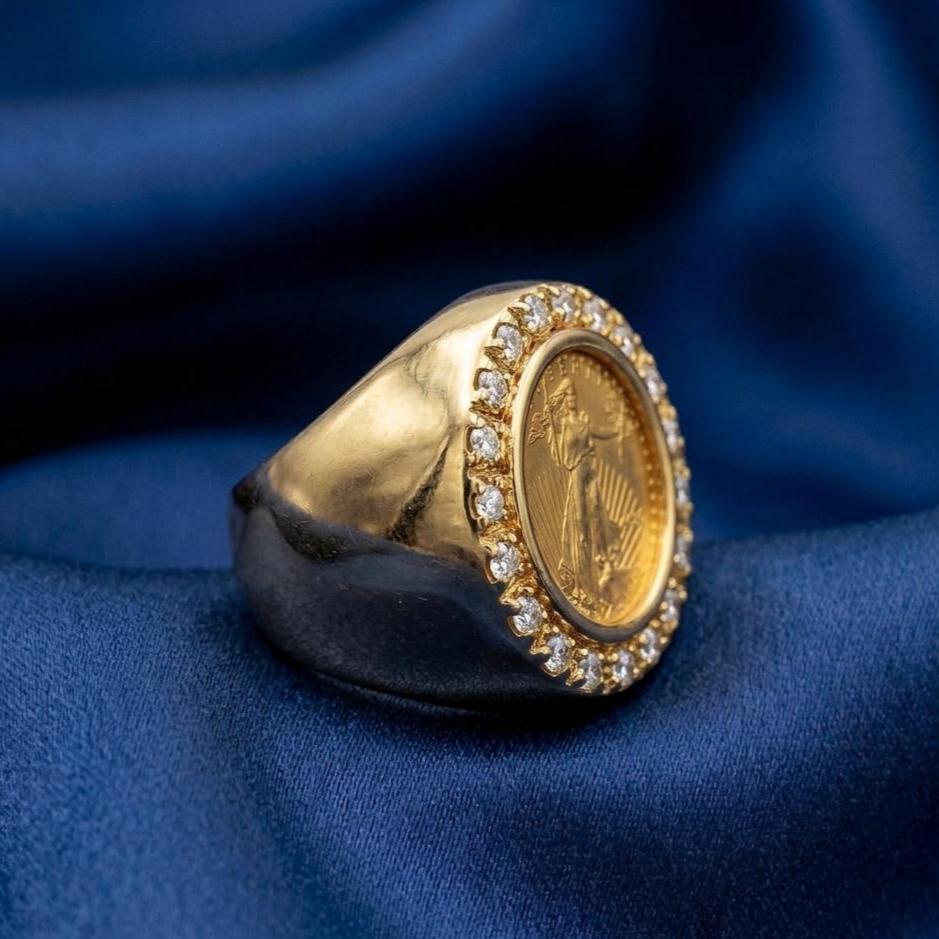 Lady Liberty Coin Diamond/moissanite Ring 14K Yellow Gold & Silver ...