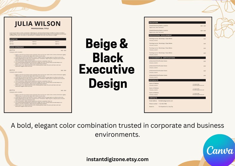 Canva Resume Template, Corporate Executive CV, Beige Black Design - Etsy