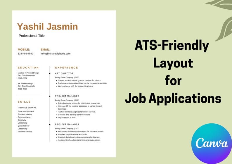 Canva Resume Template, ATS Friendly Professional CV, Modern Editable ...