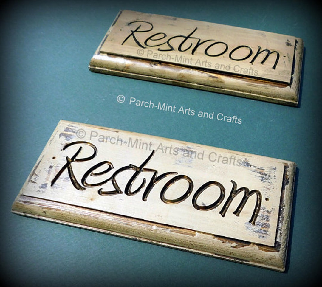 ENGRAVED Restroom Vintage Look Sign Plaque Solid Wood Wooden Primitive ...