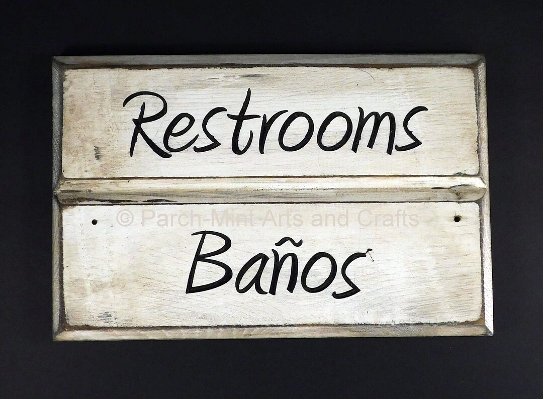 ENGRAVED Bilingual Restrooms Baños Vintage Look Sign Plaque in English ...