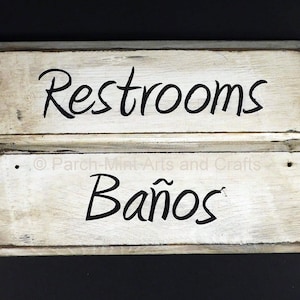 ENGRAVED Bilingual Restrooms Baños Vintage Look Sign Plaque in English ...