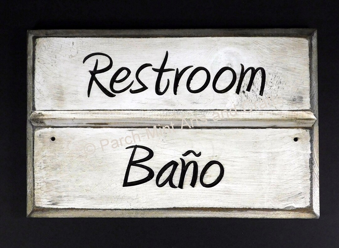 ENGRAVED Bilingual Restroom Baño Vintage Look Sign Plaque in English ...