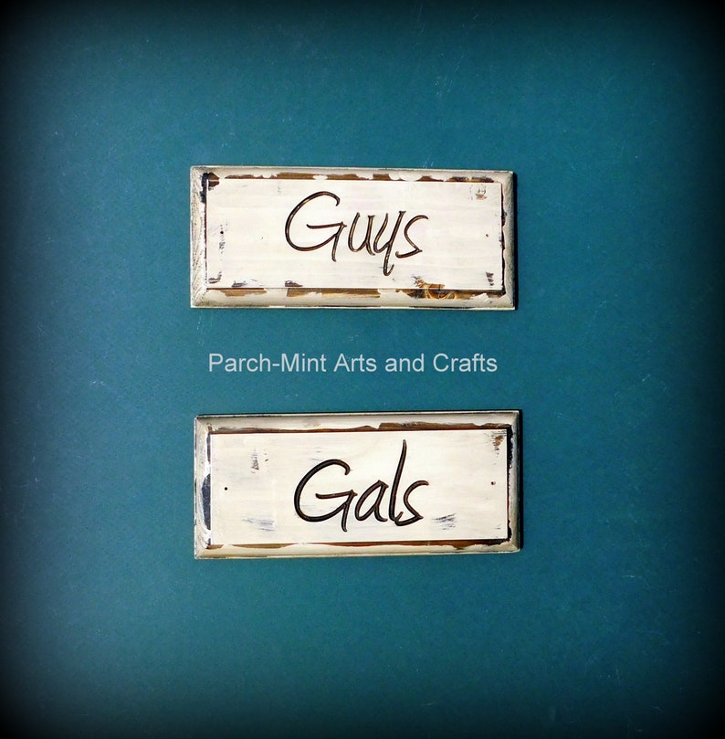ENGRAVED Guys and Gals Restroom Set Vintage Look Signs Plaques Solid ...