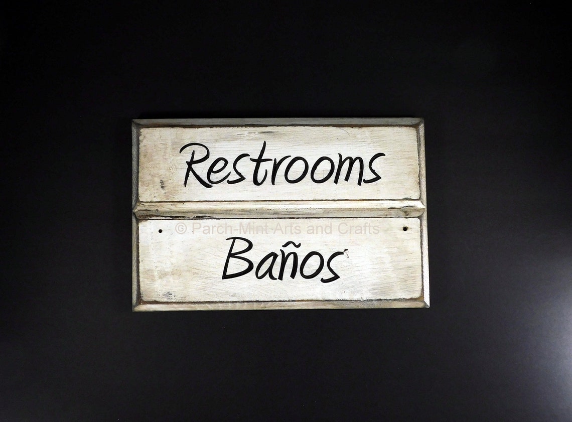 ENGRAVED Bilingual Restrooms Baños Vintage Look Sign Plaque in English ...