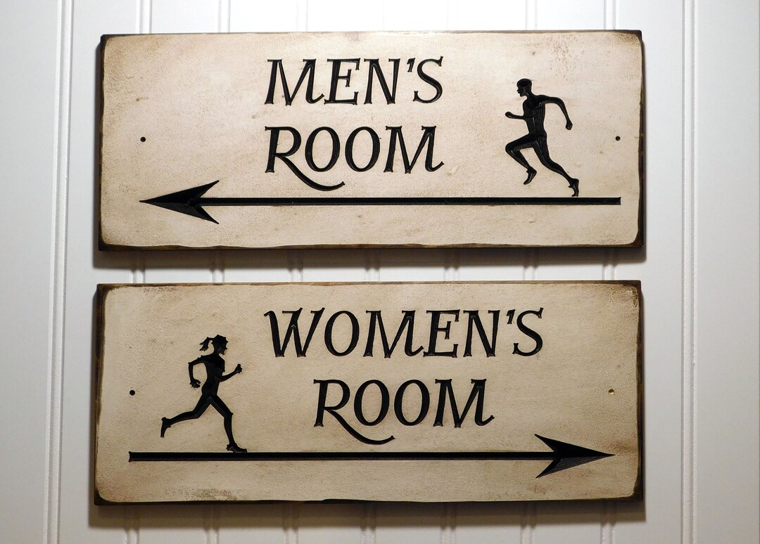 Shabby Chic Run to the Restroom Sign Set With Arrows ENGRAVED Sign 5.5 ...