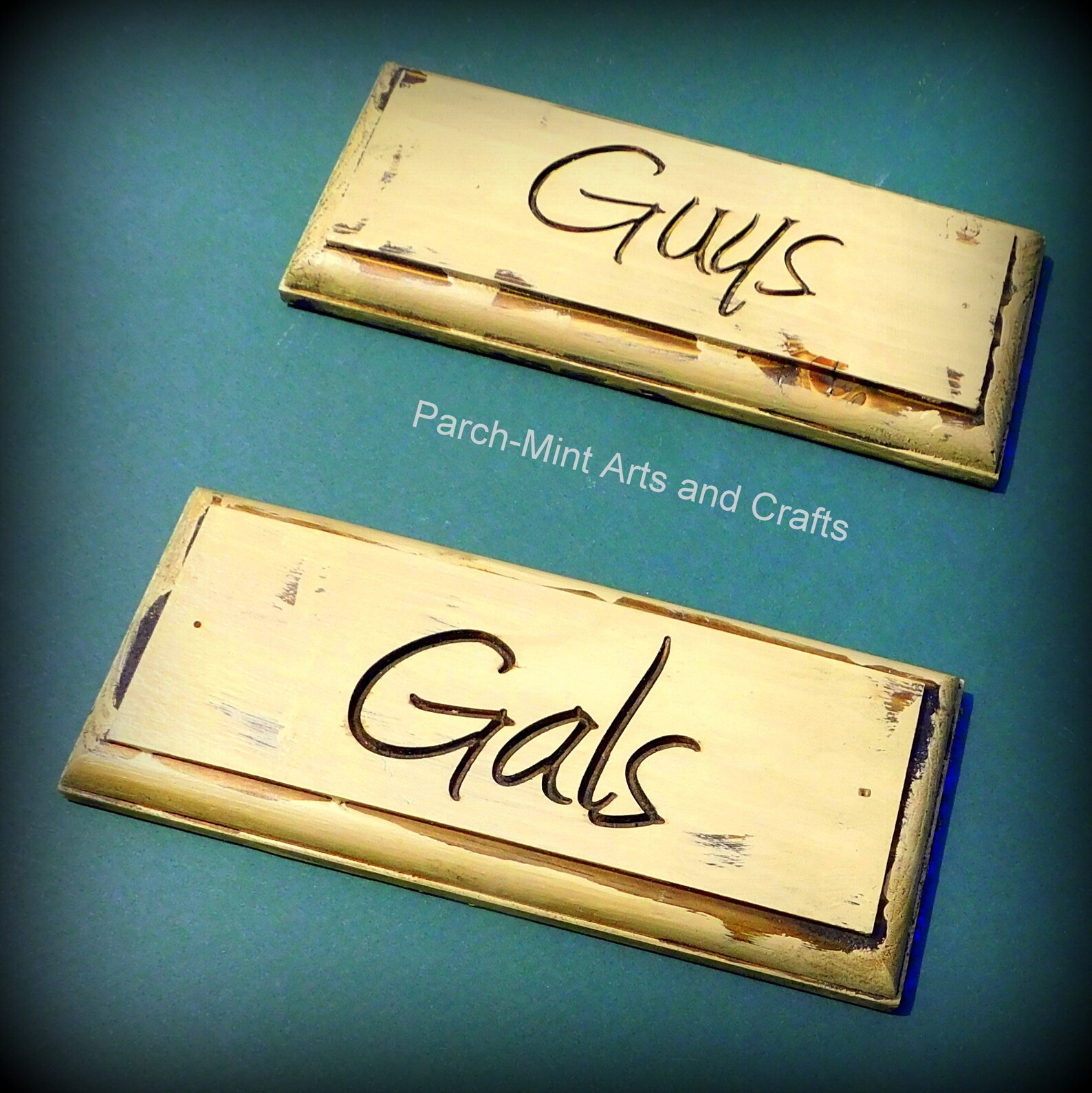 ENGRAVED Guys and Gals Restroom Set Vintage Look Signs Plaques Solid ...