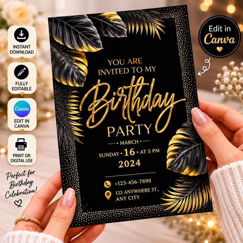 Black Gold Tropical Birthday Invitation, Elegant Adult Party Invite ...