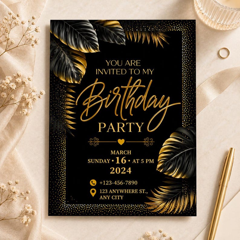 Black Gold Tropical Birthday Invitation, Elegant Adult Party Invite ...