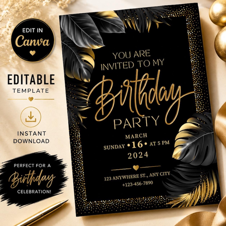Black Gold Tropical Birthday Invitation, Elegant Adult Party Invite ...