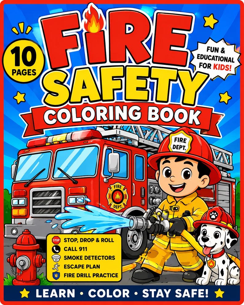 Fire Safety Coloring Book for Kids | Stop Drop Roll, Call 911, Fire ...