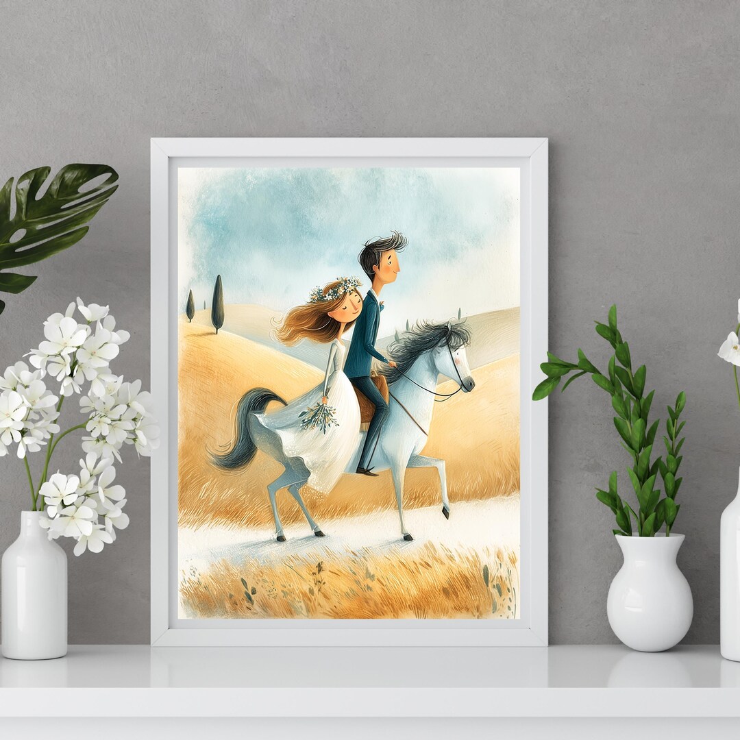 Horse Wedding Gift Print, Bride and Groom on Horseback, Whimsical Boho ...