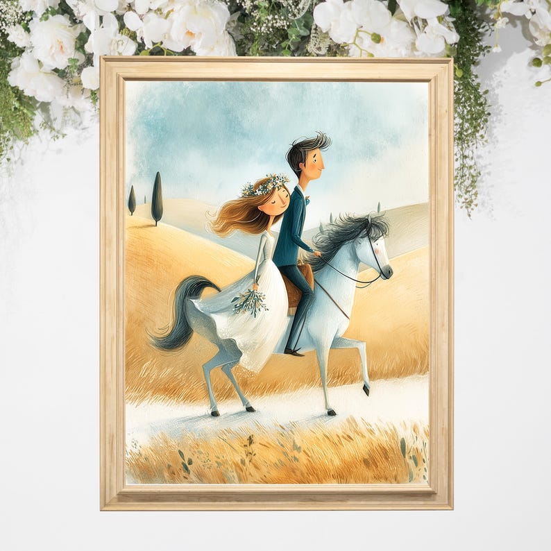 Horse Wedding Gift Print, Bride and Groom on Horseback, Whimsical Boho ...