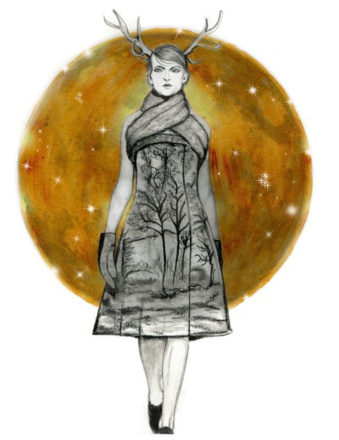 Fashion Illustration Golden Moon, Antlers and Stars - Etsy