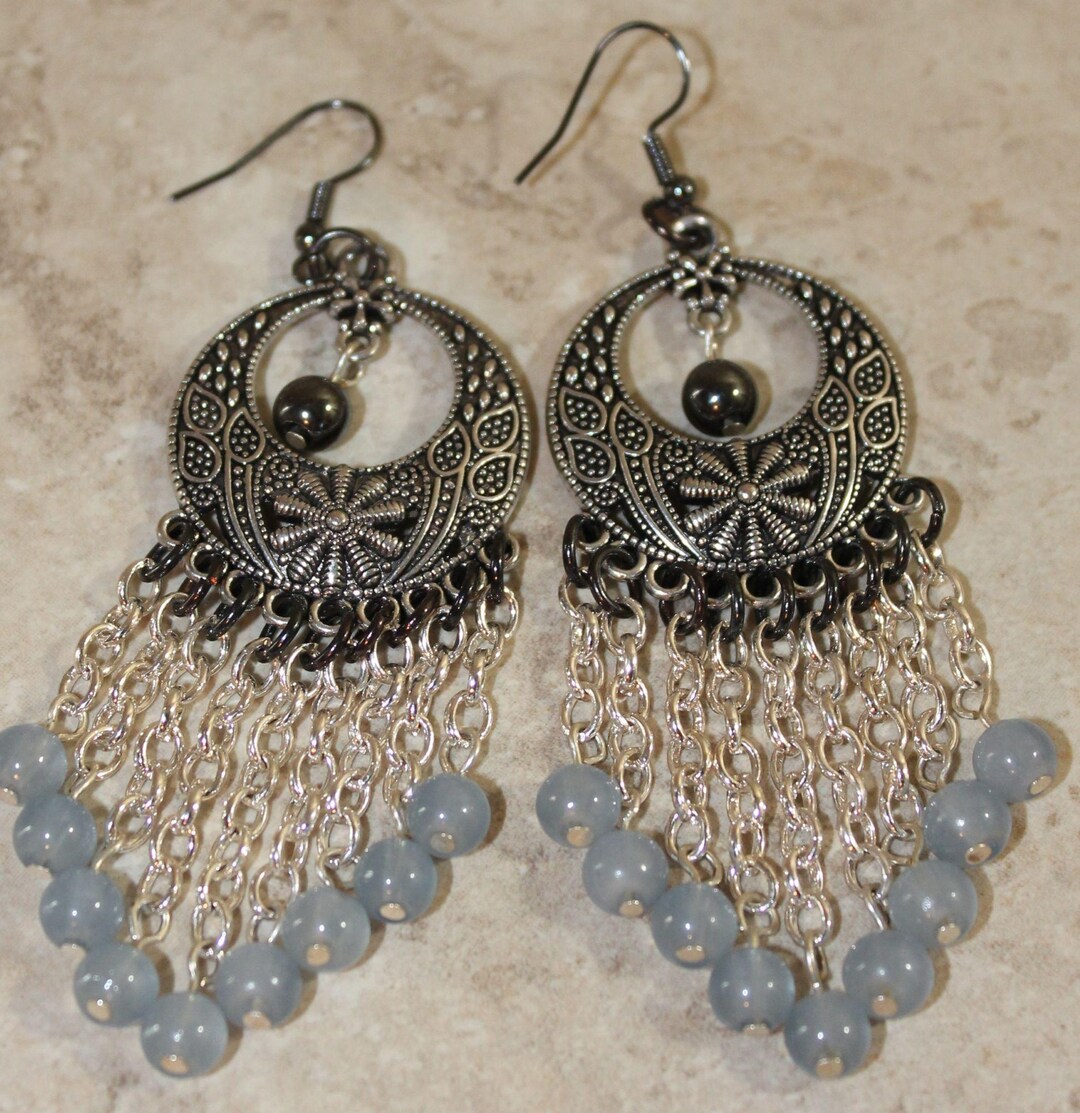 Boho Silver Color Dangle Earrings, Light Blue Beads & Hematite - Etsy