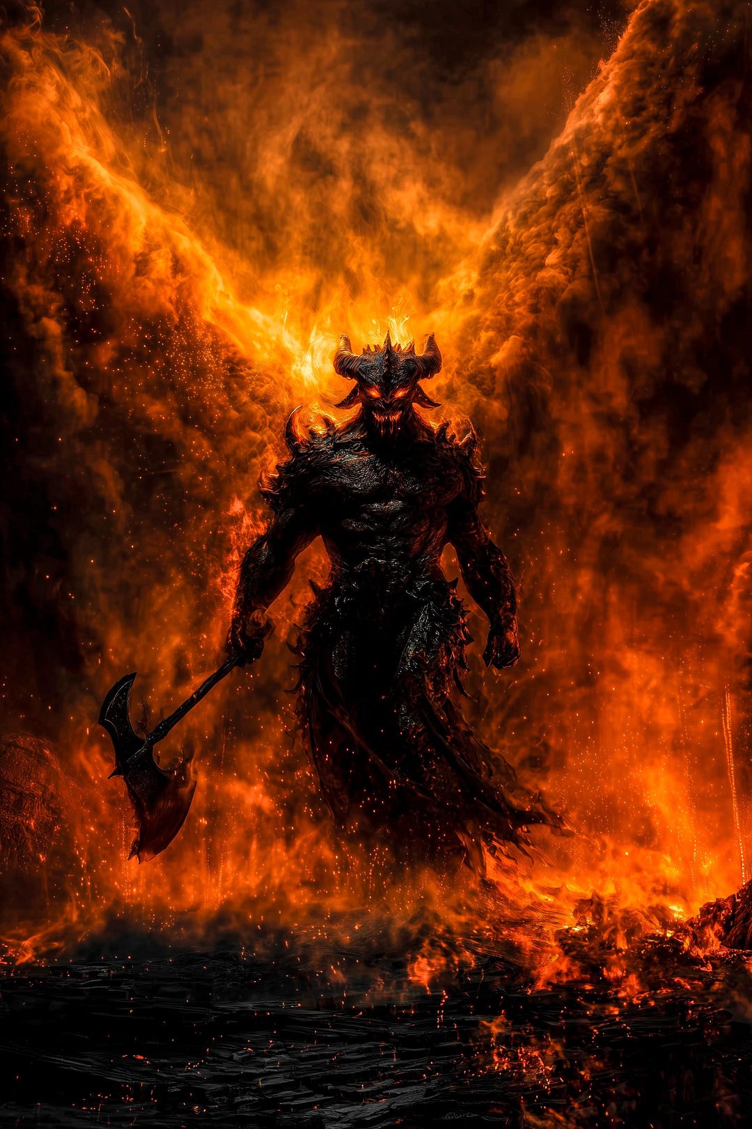 Demon of Shadow and Flame Art, Ancient Fire Monster Digital Print ...