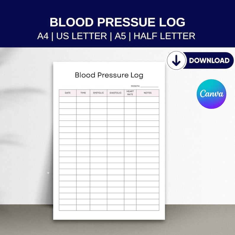 Blood Pressure Log Printable PDF & Canva Editable | BP Tracker ...