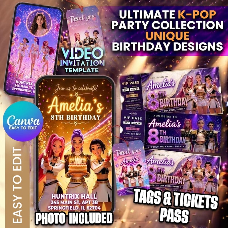 Kpop Demon Hunters Golden Birthday Invitation Video | Editable Canva ...