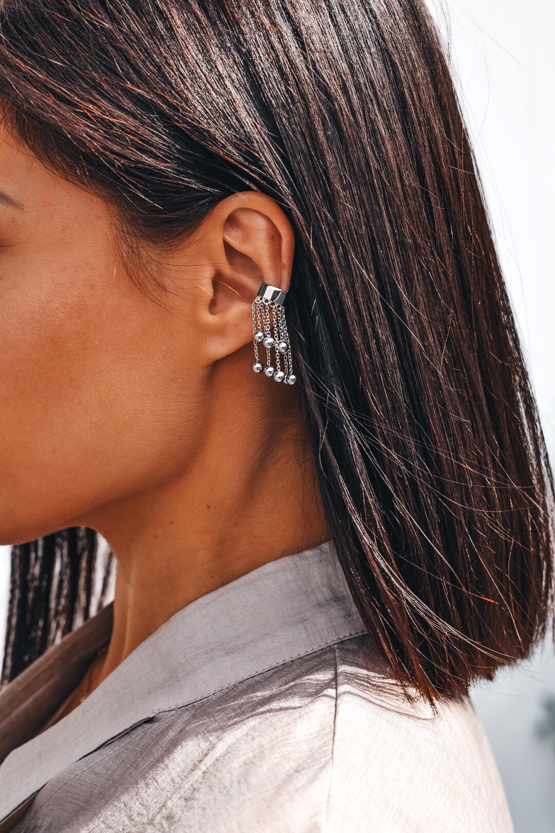 Sterling Silver Ball Drop Ear Cuff, Rhodium Plated Geometric ...