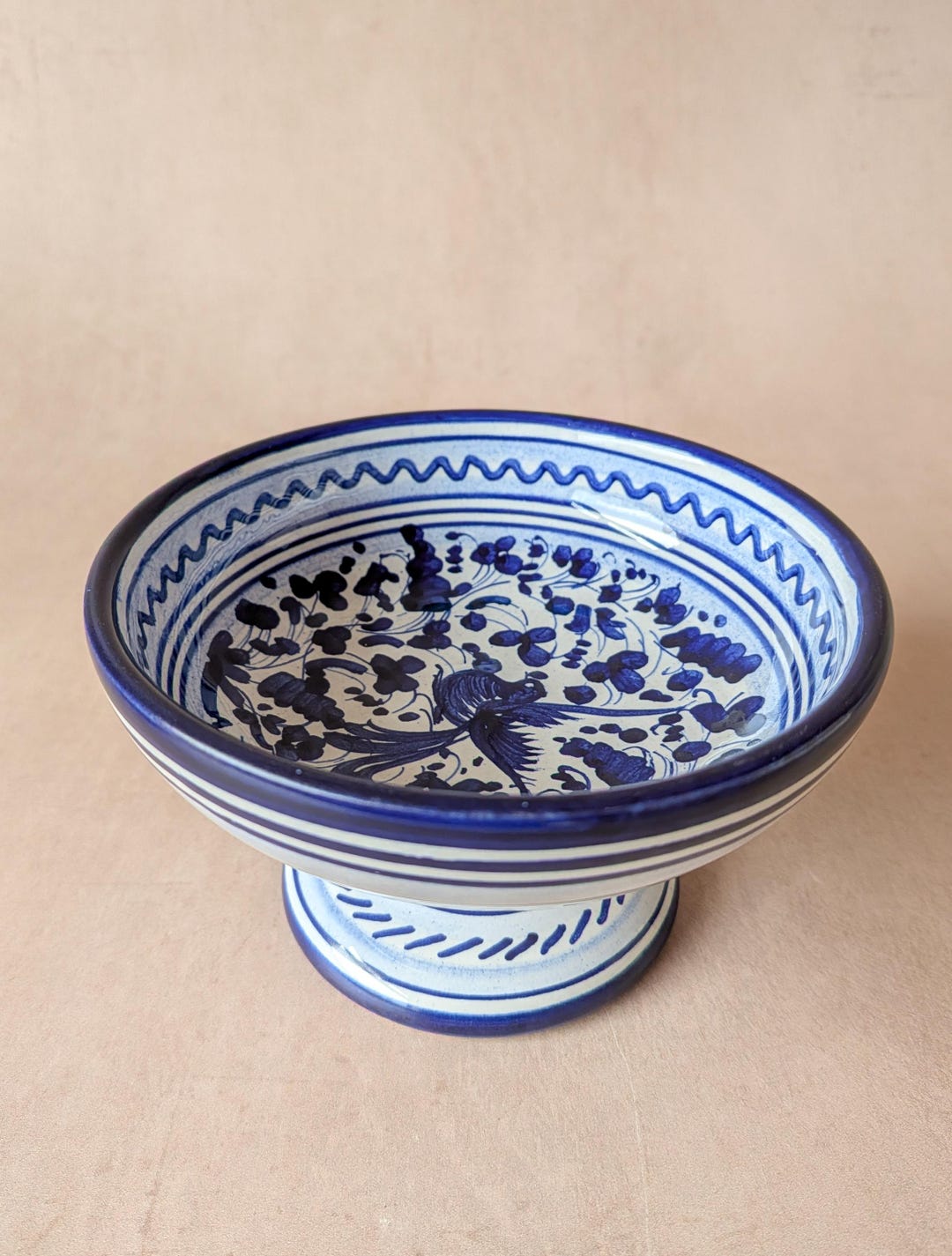Vintage Blue & White Bird Motif Pedestal Bowl, Hand-painted Deruta ...