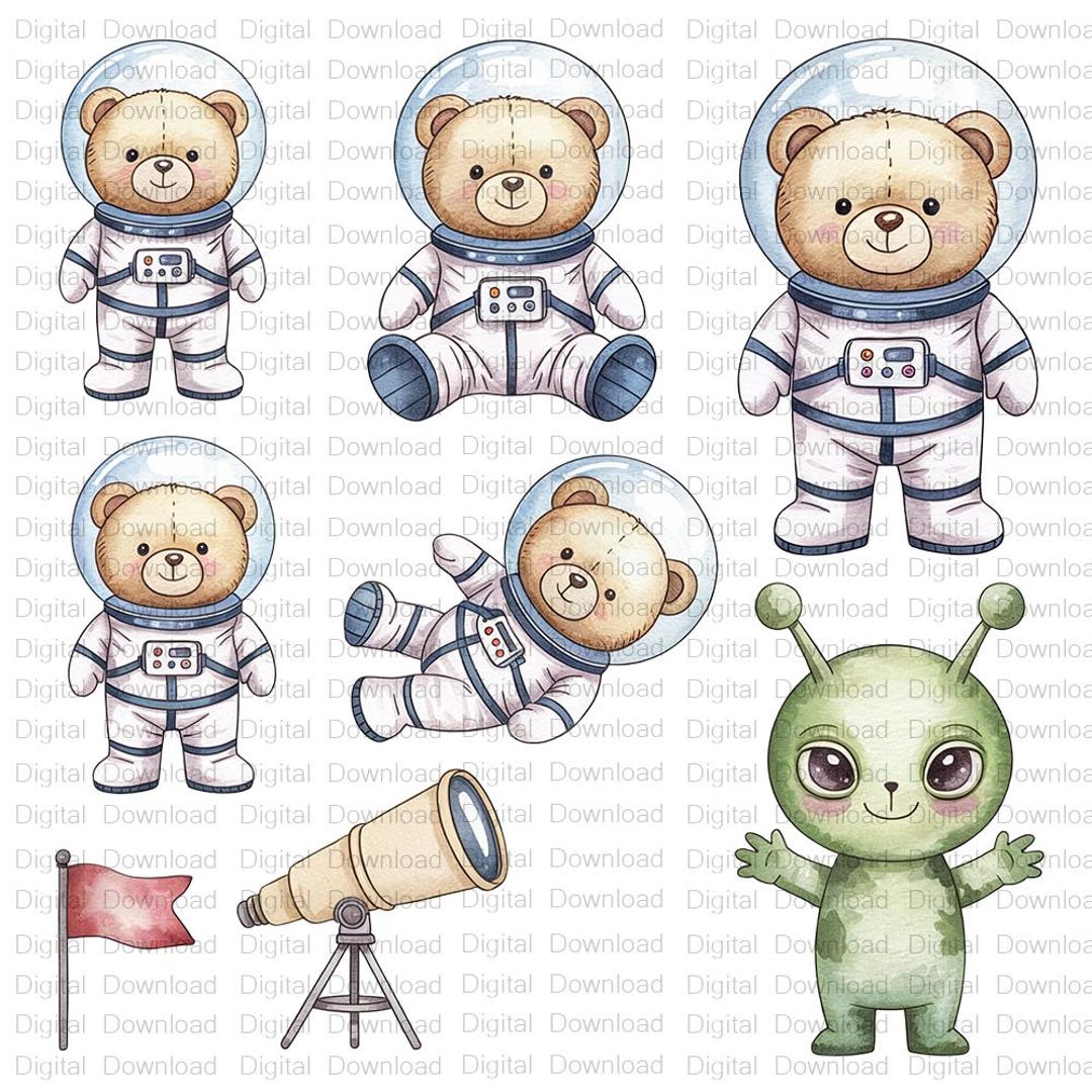 Astronaut Teddy Bear Watercolor Clipart Bundle, Space Kid PNG (digital ...