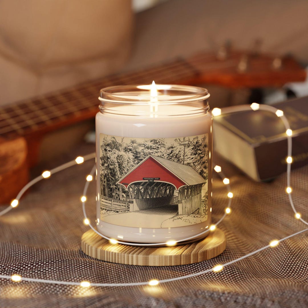 Red Covered Bridge Illustration Candle | 9oz Soy Jar, Rustic Landscape ...
