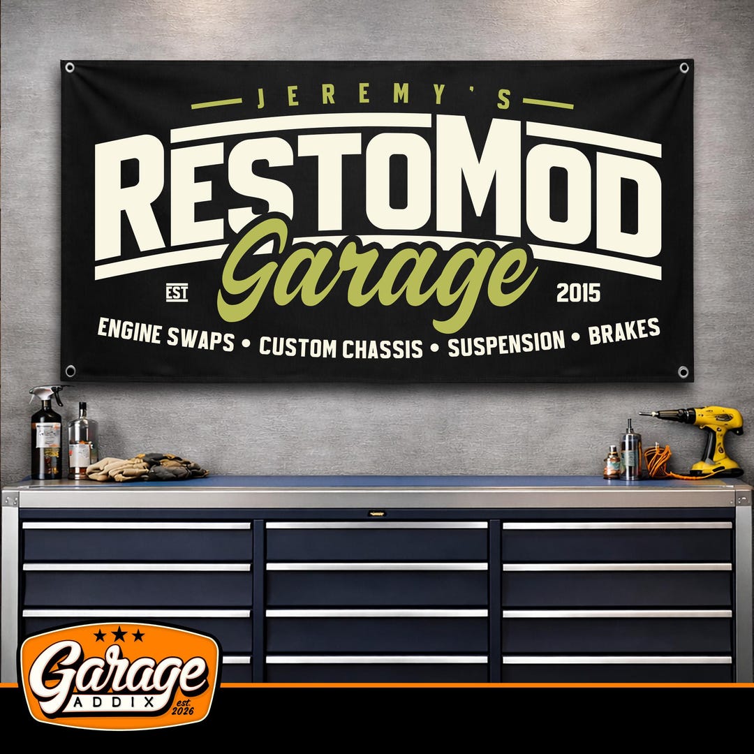 Personalized Restomod Garage Banner 2x4 Ft Custom Name Shop Sign Man ...