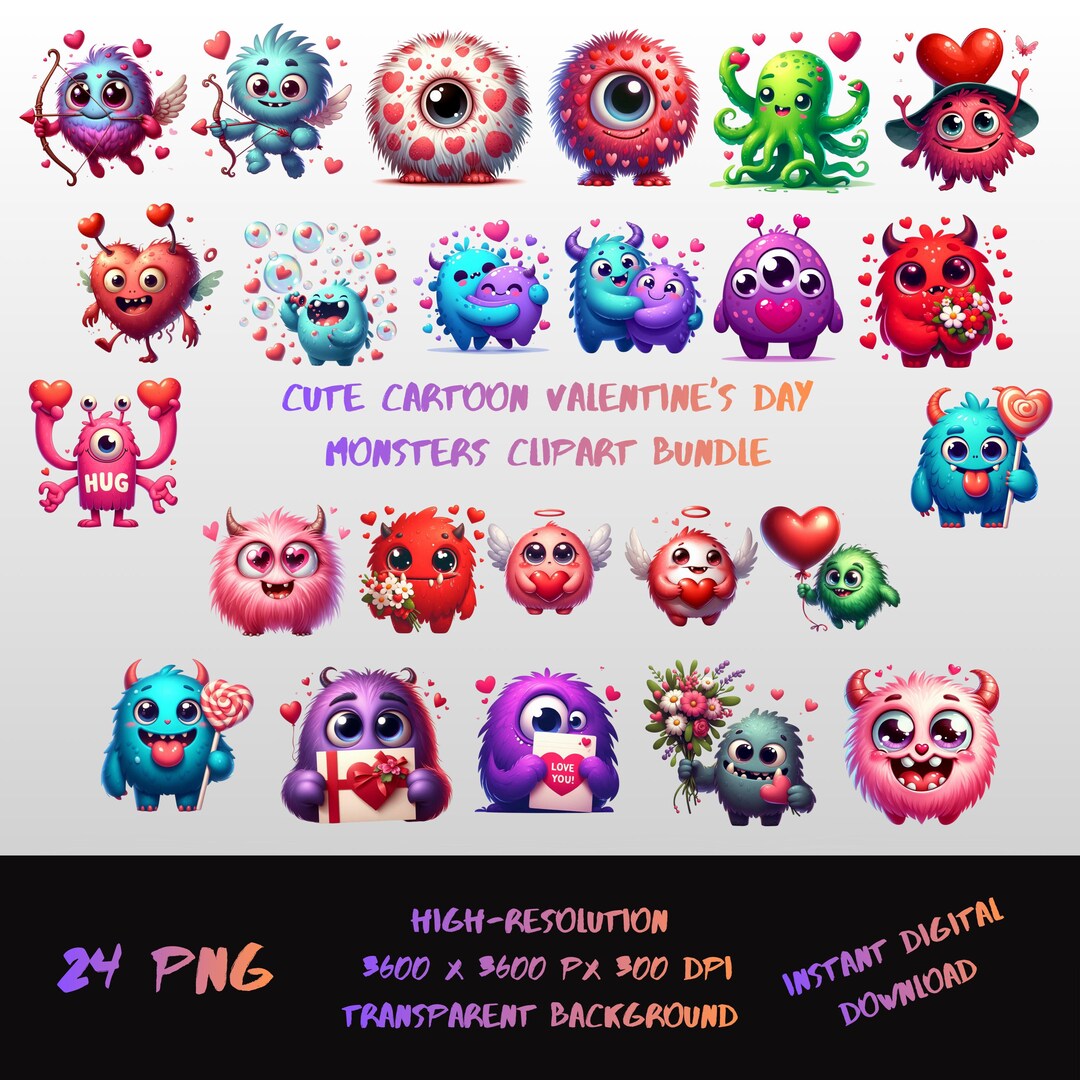 Valentine Monsters Clipart Bundle, Kawaii Love PNG Graphics (digital ...