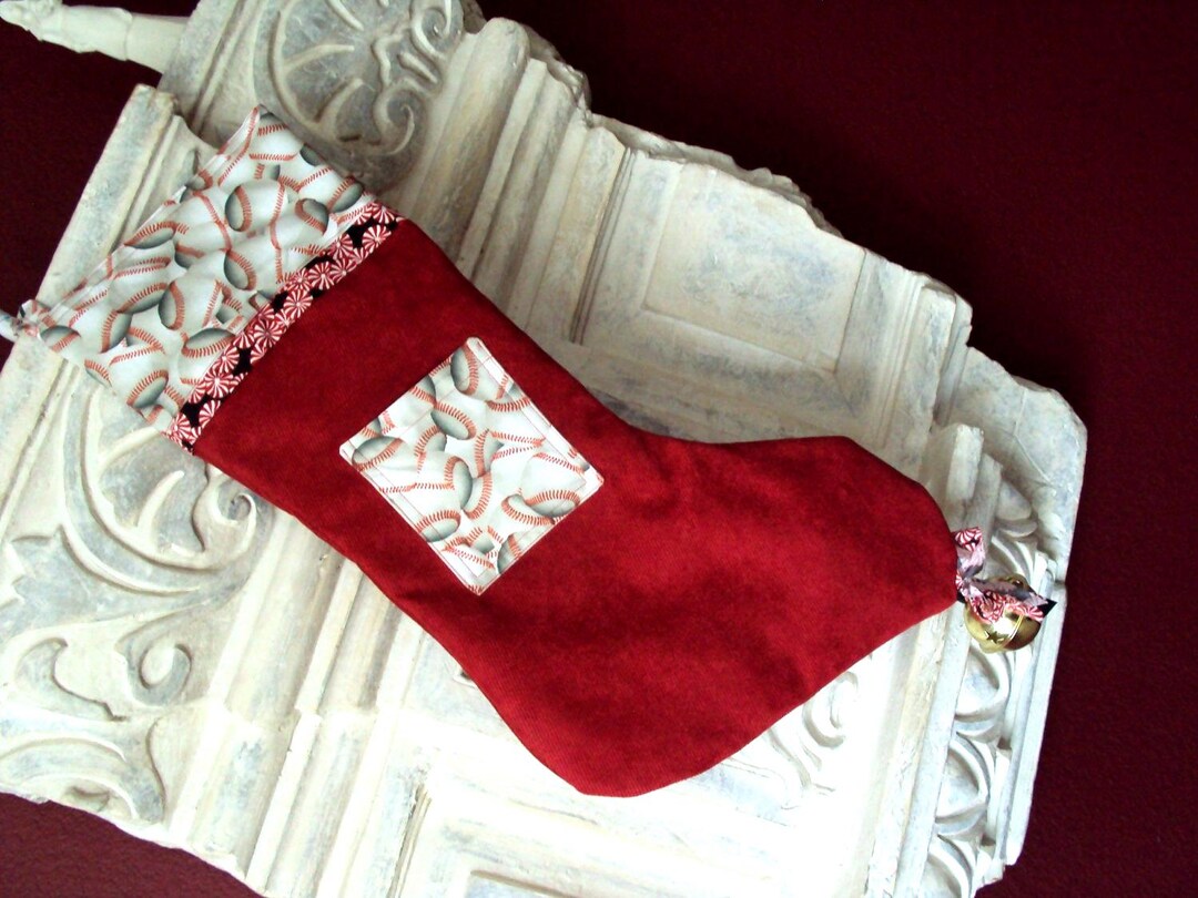 Baseball Christmas Stocking: Red Suede, Baseball Print Pocket - Etsy