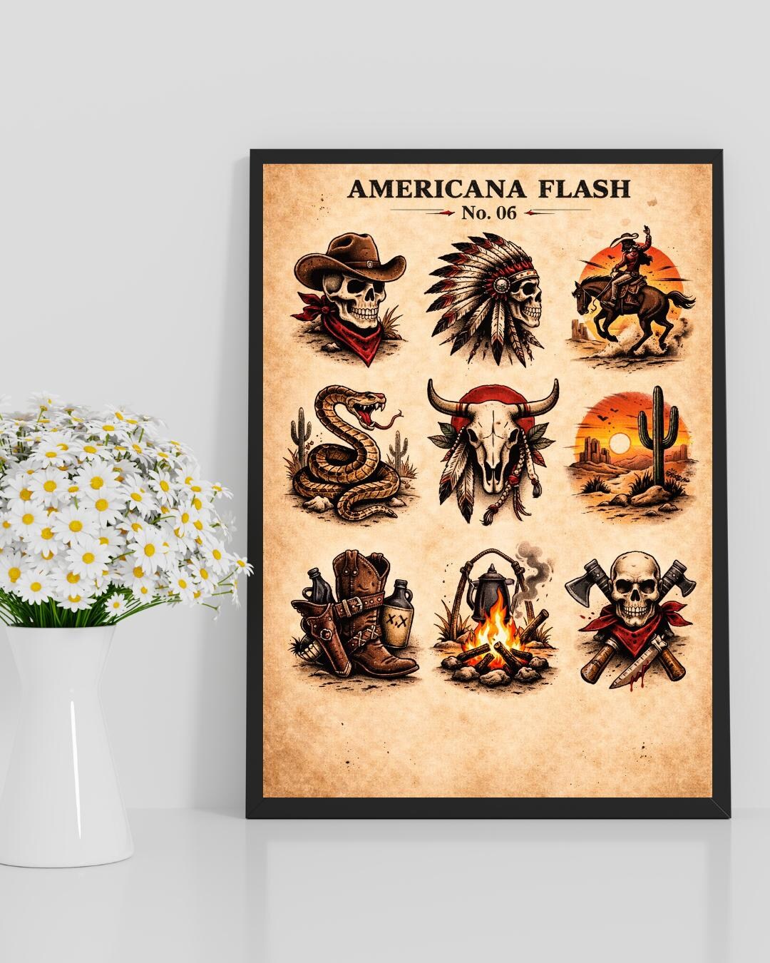 American Traditional Tattoo Flash Print – Wild West Cowboy Skull ...