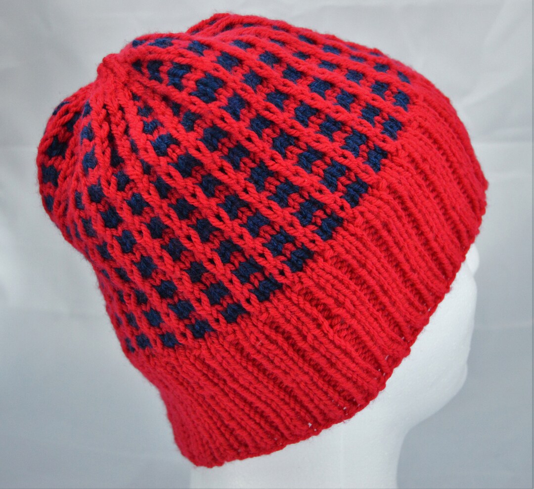 Red and Blue Stained Glass Hat, Gender Neutral, Hand Knit Beanie, Ready ...