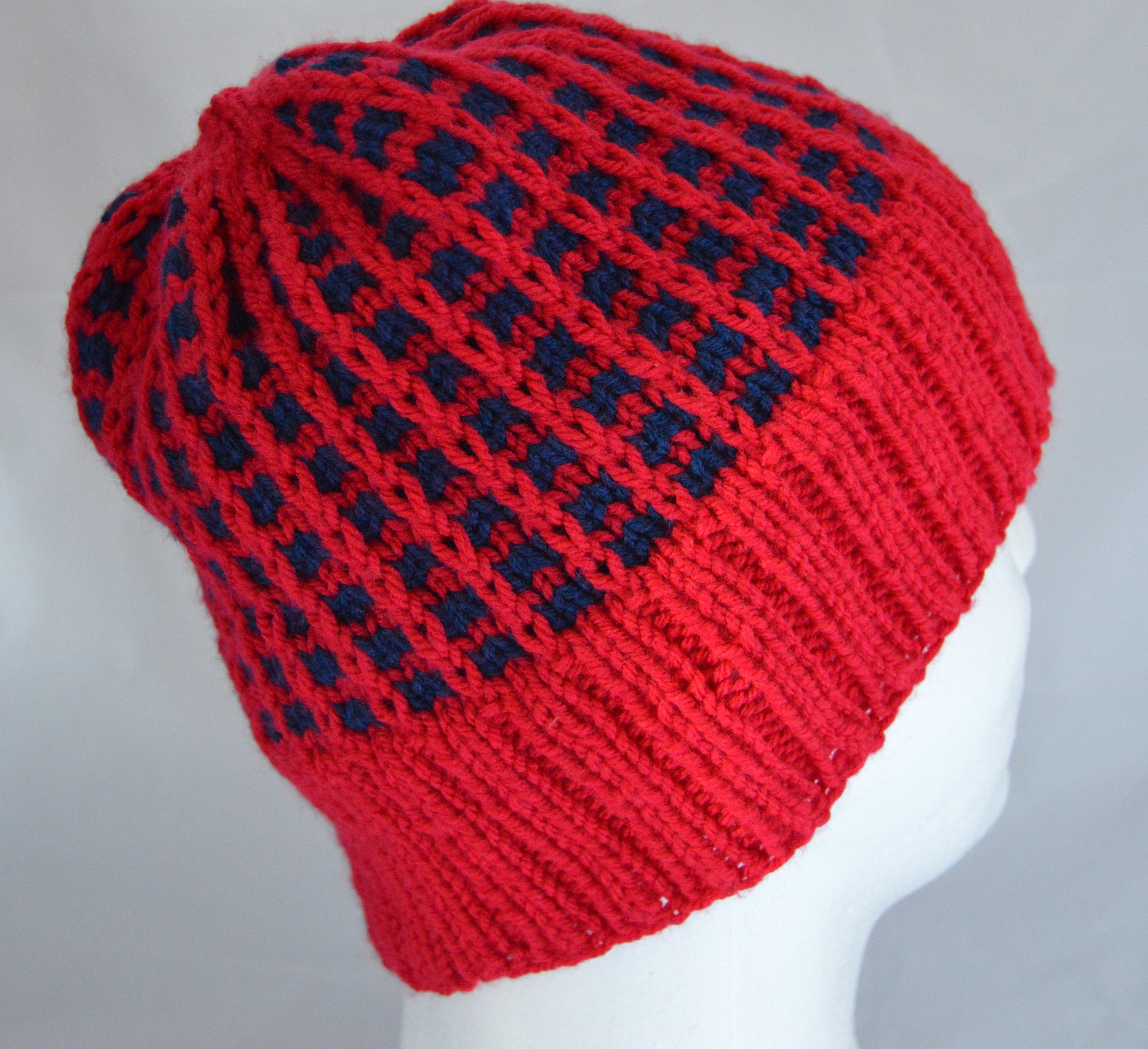 Red and Blue Stained Glass Hat, Gender Neutral, Hand Knit Beanie, Ready ...