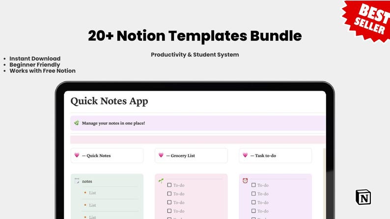 Notion Templates Bundle | Student & Productivity Planner (instant ...