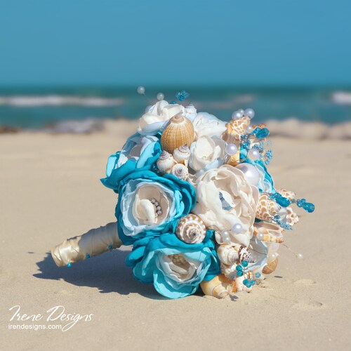 Handmade Seashells Wedding Bouquet. Turquoise and Ivory - Etsy