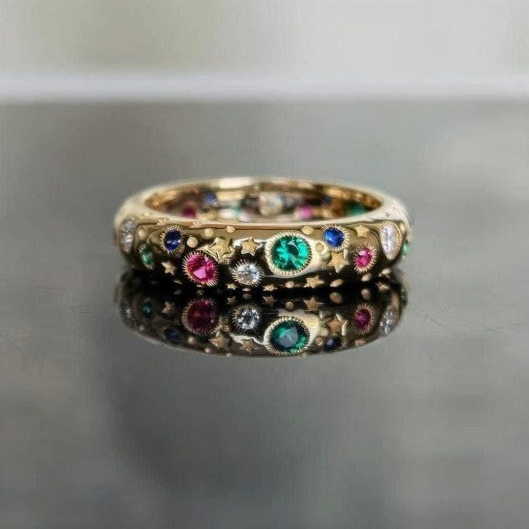 Round Cut Wedding Band, Flush Setting Gemstone Band, Multi Color ...