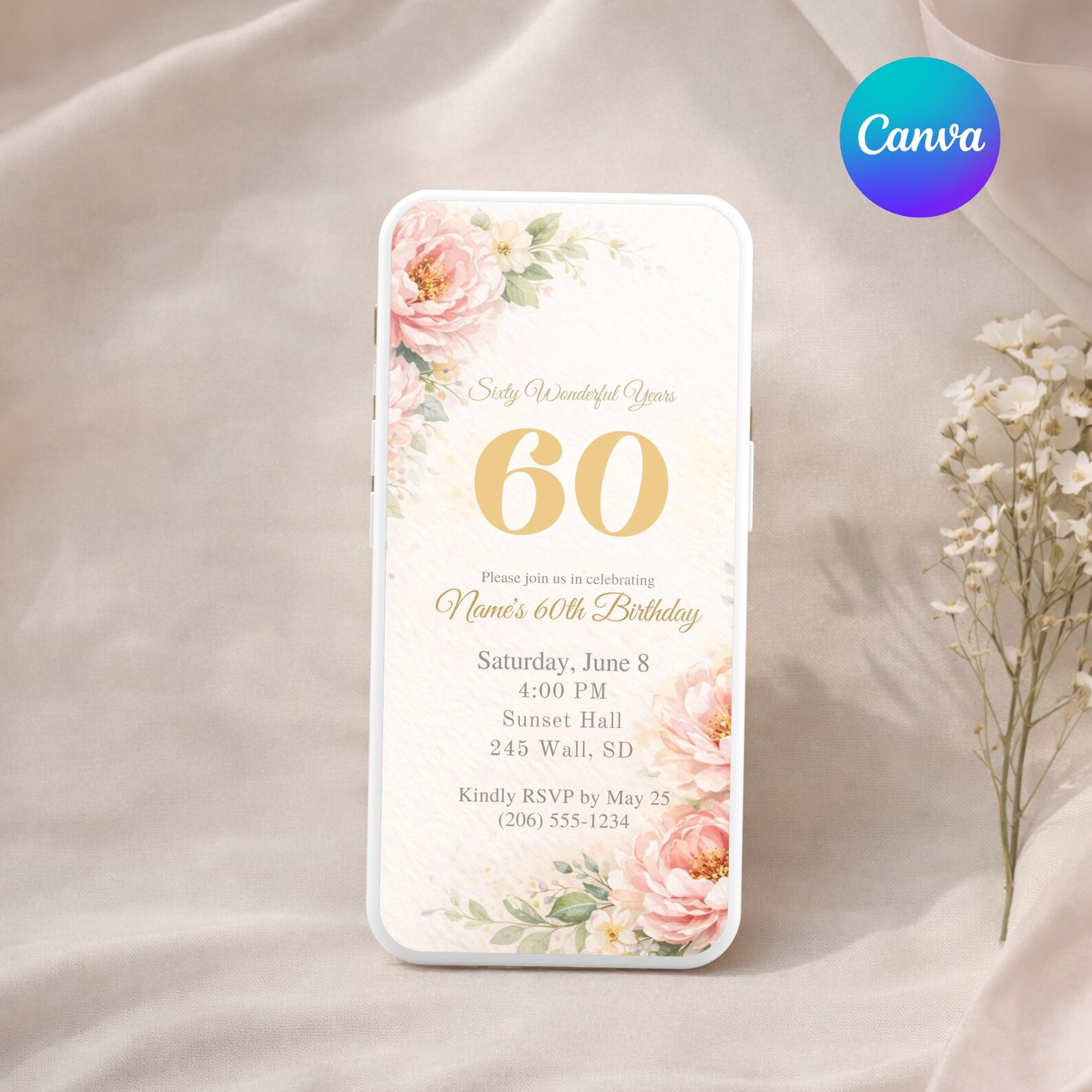60th Birthday Invitation Template, Floral 60 Birthday Invite, Elegant ...