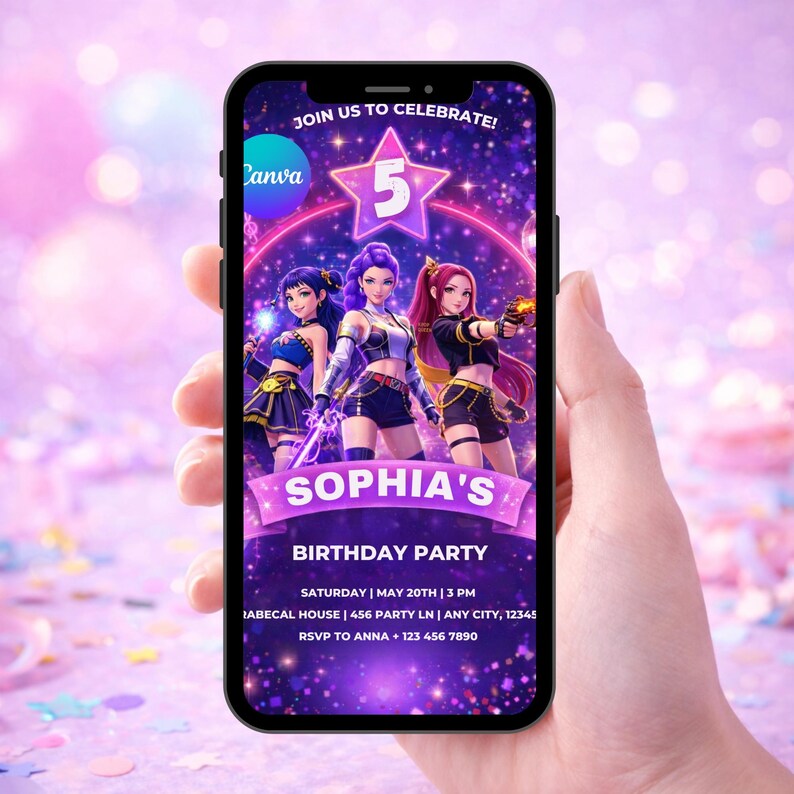 Huntrix Kpop Girl Birthday Invitation, Demon Hunters Anime Party Invite ...