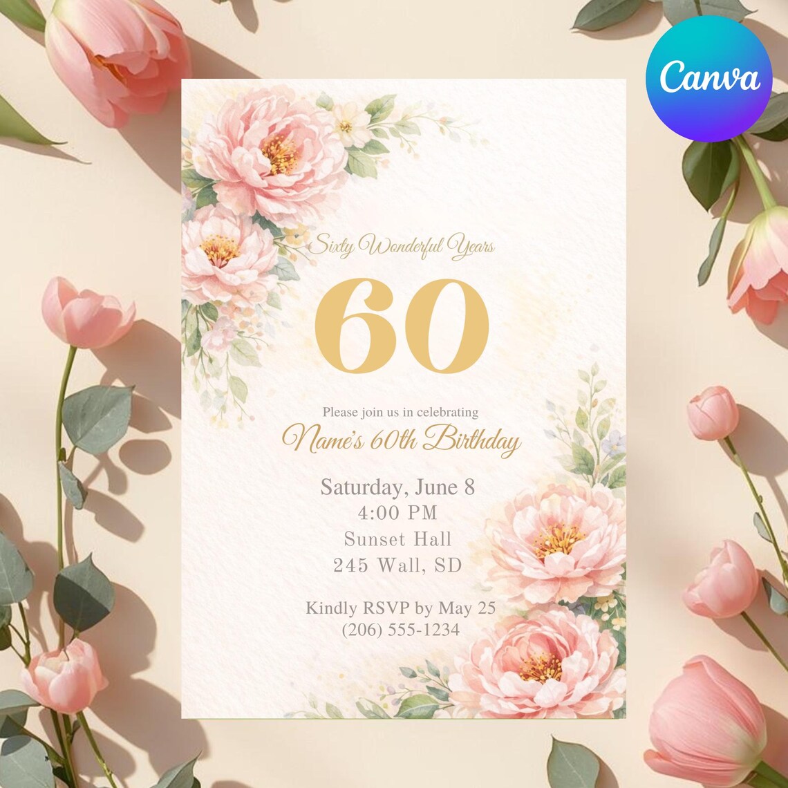 60th Birthday Invitation Template, Floral 60 Birthday Invite, Elegant ...