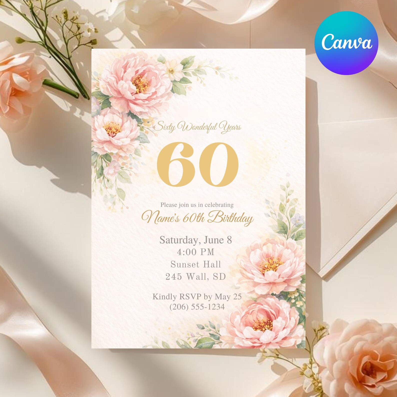60th Birthday Invitation Template, Floral 60 Birthday Invite, Elegant ...