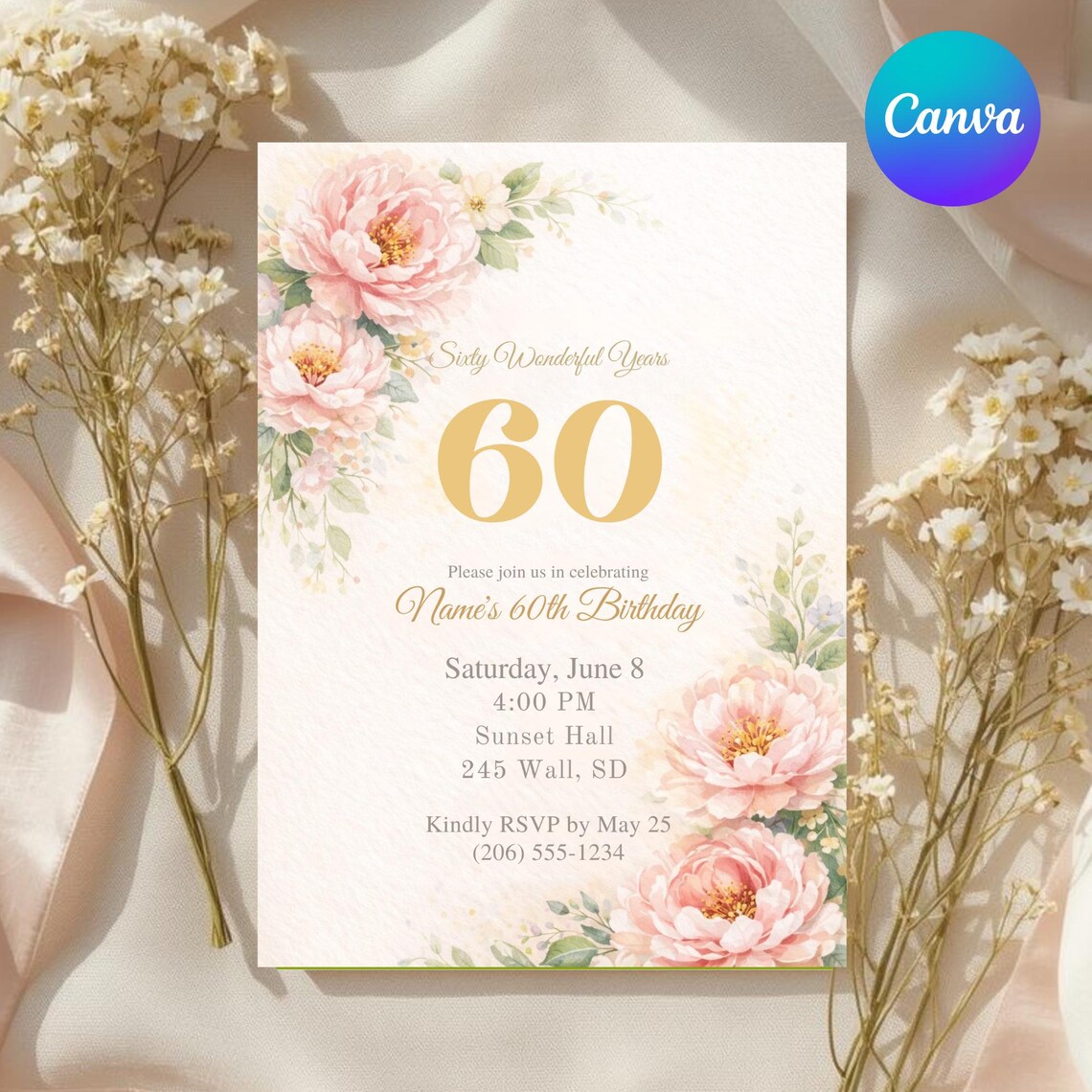 60th Birthday Invitation Template, Floral 60 Birthday Invite, Elegant ...