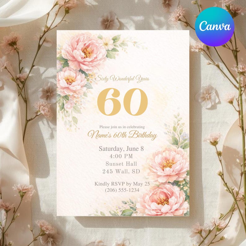 60th Birthday Invitation Template, Floral 60 Birthday Invite, Elegant ...