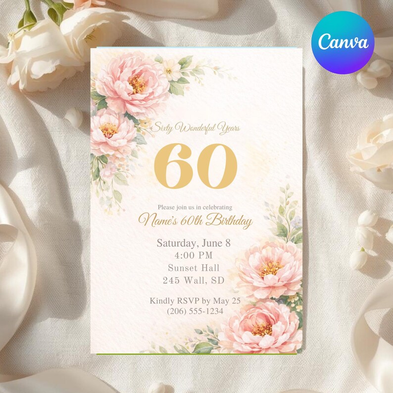 60th Birthday Invitation Template, Floral 60 Birthday Invite, Elegant ...