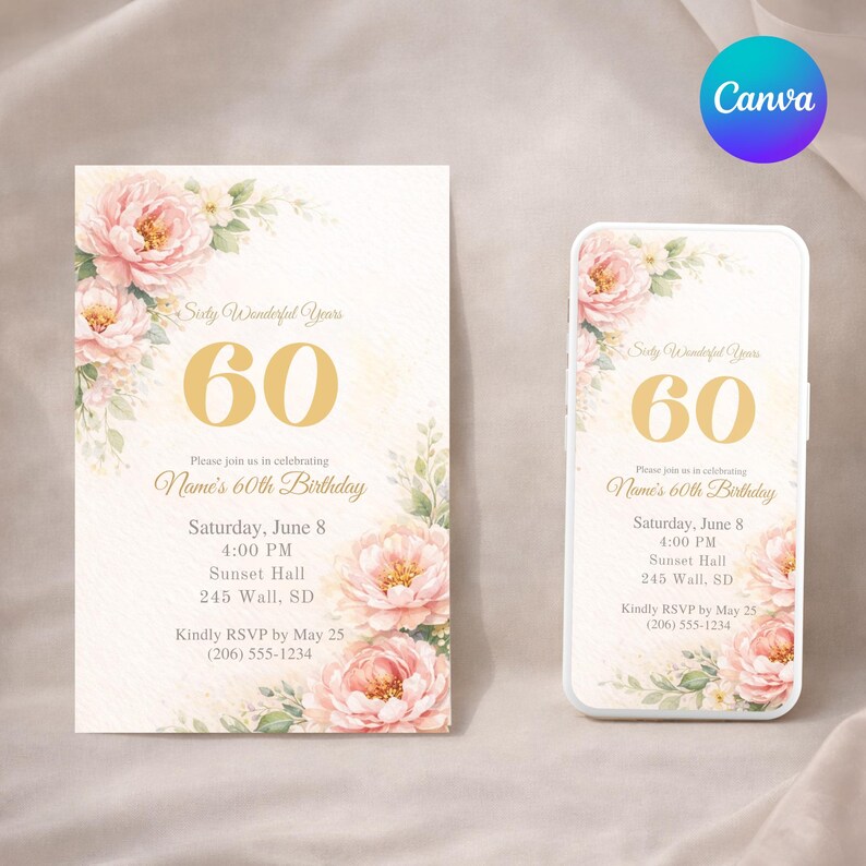 60th Birthday Invitation Template, Floral 60 Birthday Invite, Elegant ...